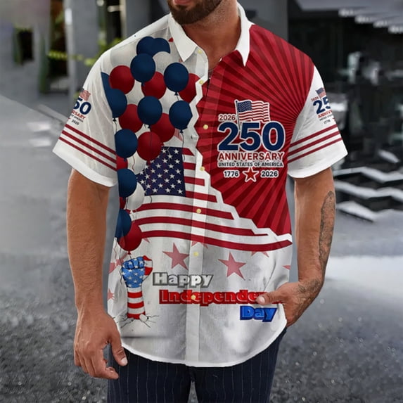 America 250 Merchandise Men Short Sleeve Collared American Flag Print ...