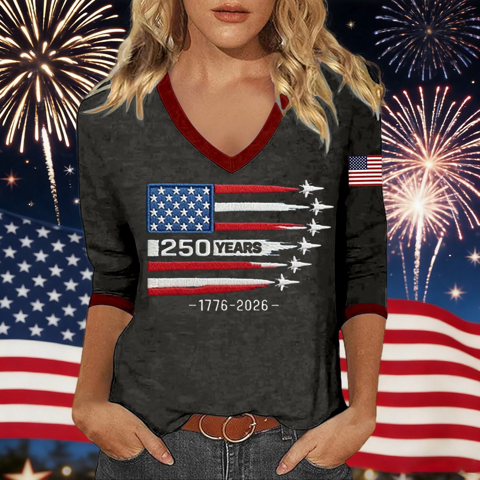 America 250 Merchandise Women 3/4 Sleeve V Neck Patriotic Graphic Tee ...