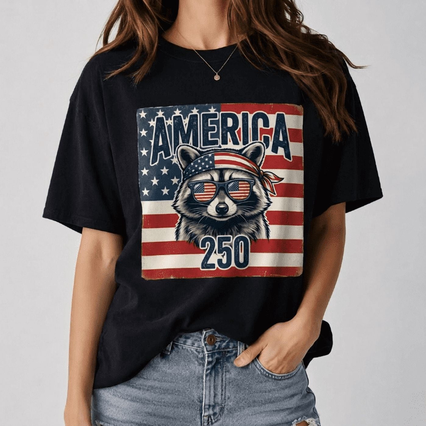 America 250 Patriotic Raccoon Graphic T-Shirt, Vintage USA Flag 4th of ...