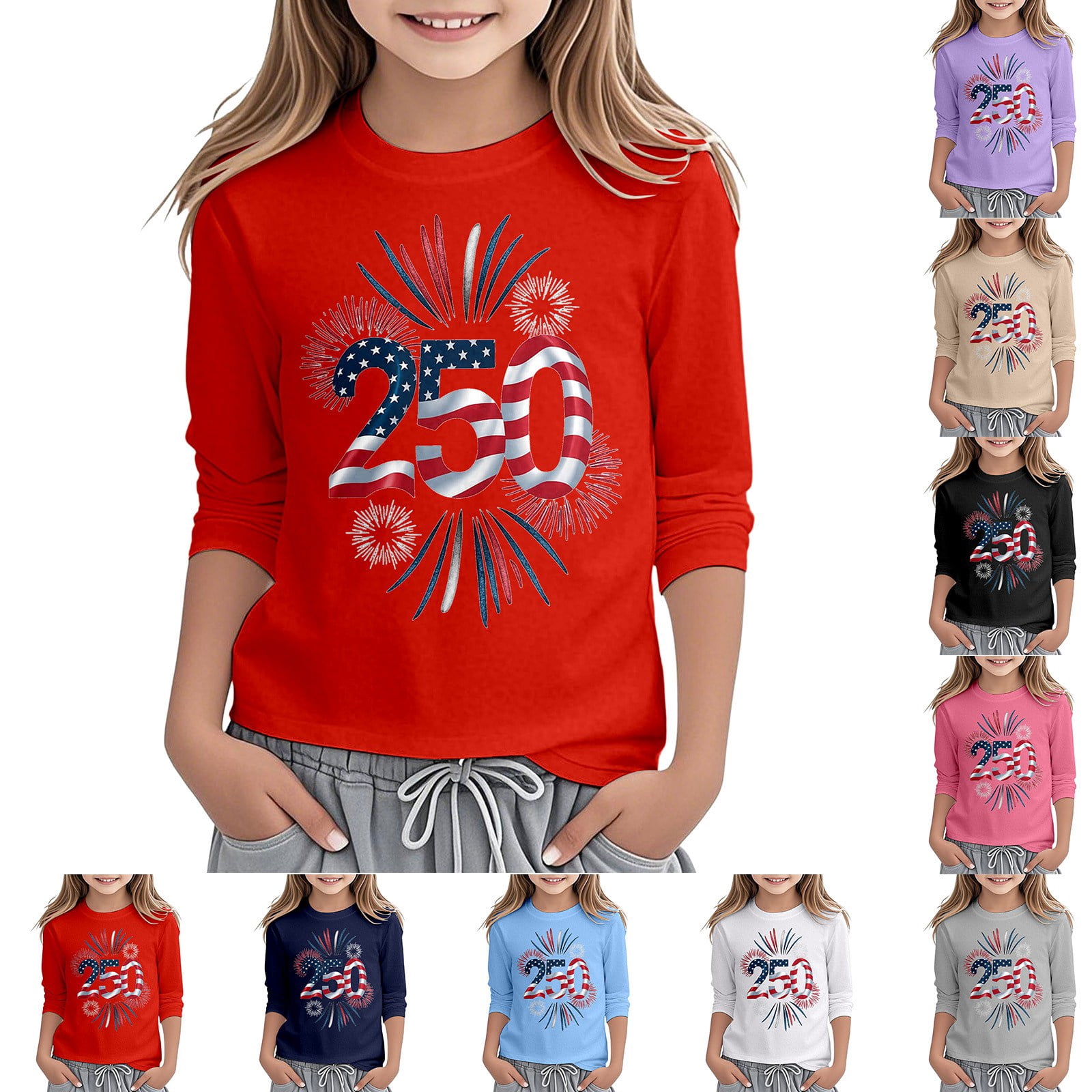 America 250 Shirt Girls 3/4 Sleeve Crewneck Patriotic Graphic Tee ...