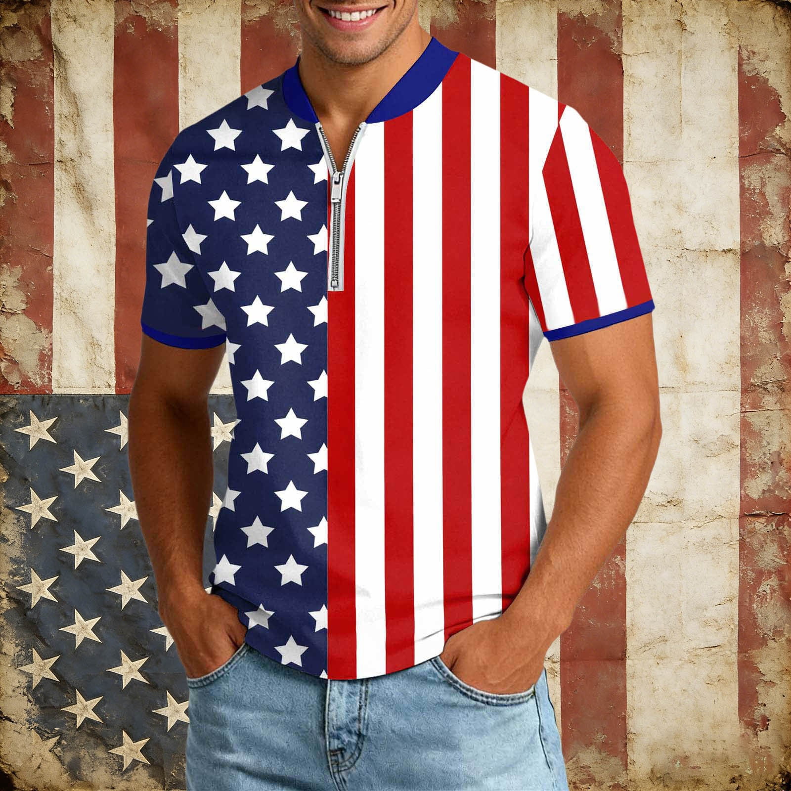 America 250 Shirt Mens Short Sleeve Half-Zip Independence Day Print T ...