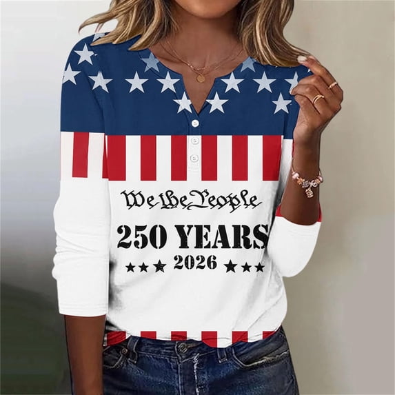 America 250 Shirt Women Lightweight Independence Day Print V Neck 3/4 ...