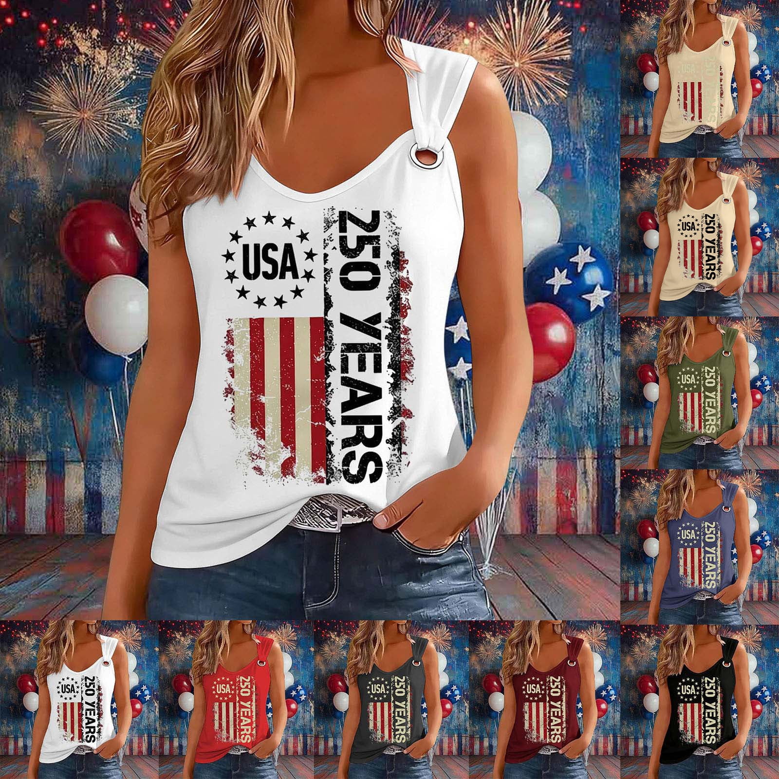 America 250 Shirt Women Sleeveless Metal Ring Strap Patriotic Graphic ...