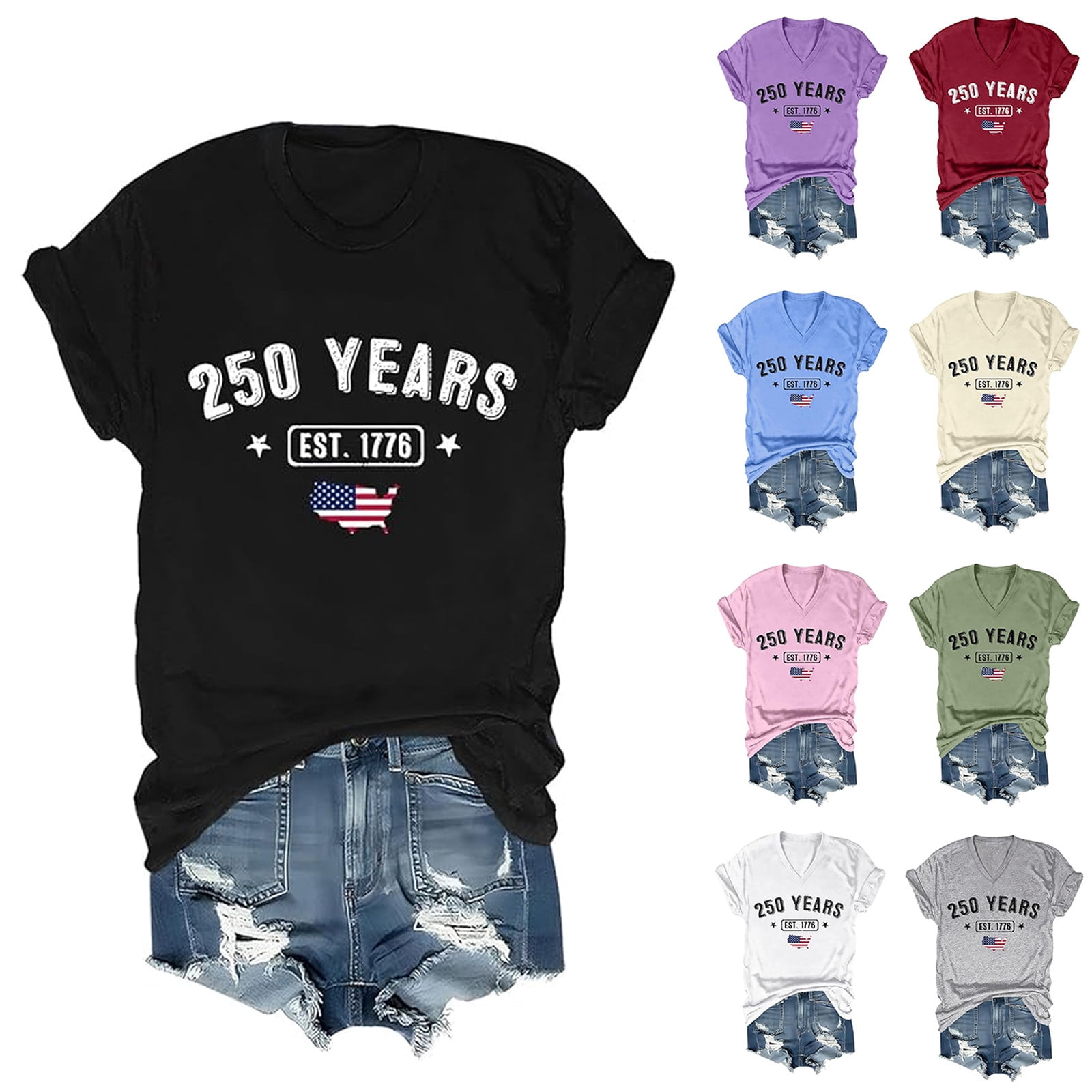 America 250 Shirt Women's V Neck Anniversary Letter Print Short Sleeve ...