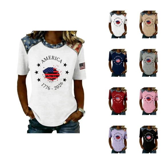 America 250 Shirt Womens Crew Neck Tshirt American Flag Print Casual ...