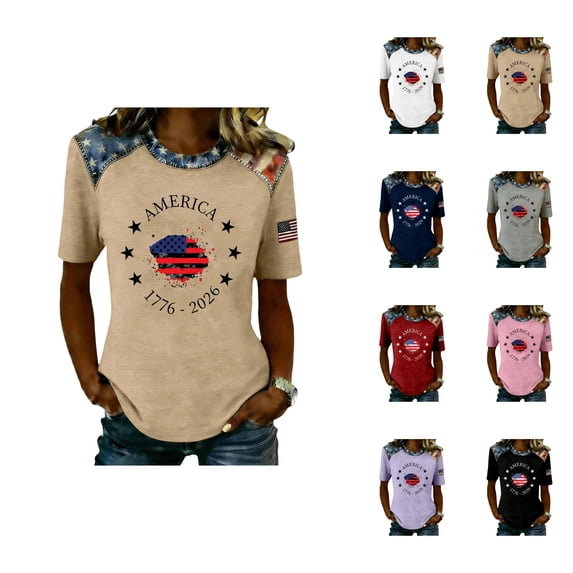 America 250 Shirt Womens Crew Neck Tshirt American Flag Print Casual ...