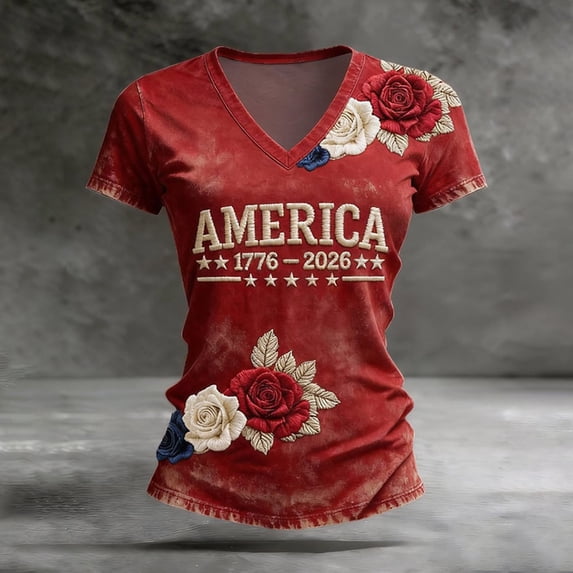 America 250 Shirt Womens Short Sleeve V-Neck Patriotic Graphic Tee ...