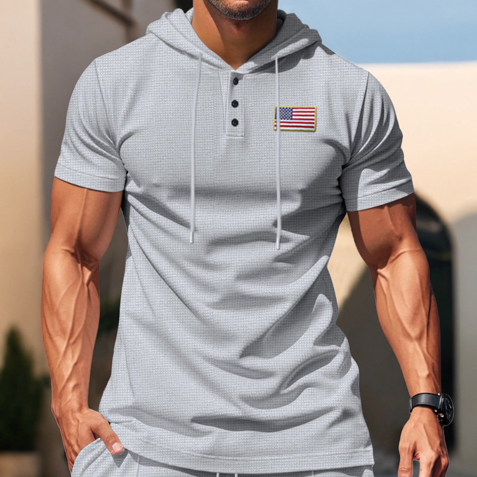 America 250 Tshirt Men's Knit Hoodie Solid Color USA Flag Embroidery ...