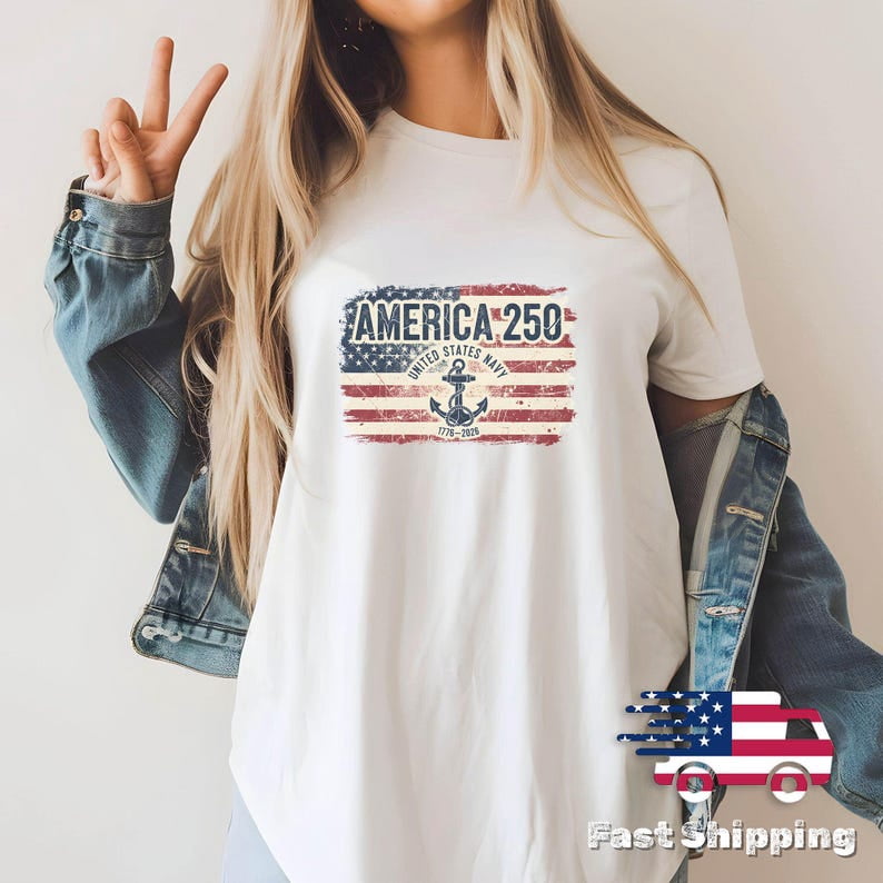 America 250 United States Navy Anchor Flag Graphic Shirt, Patriotic ...