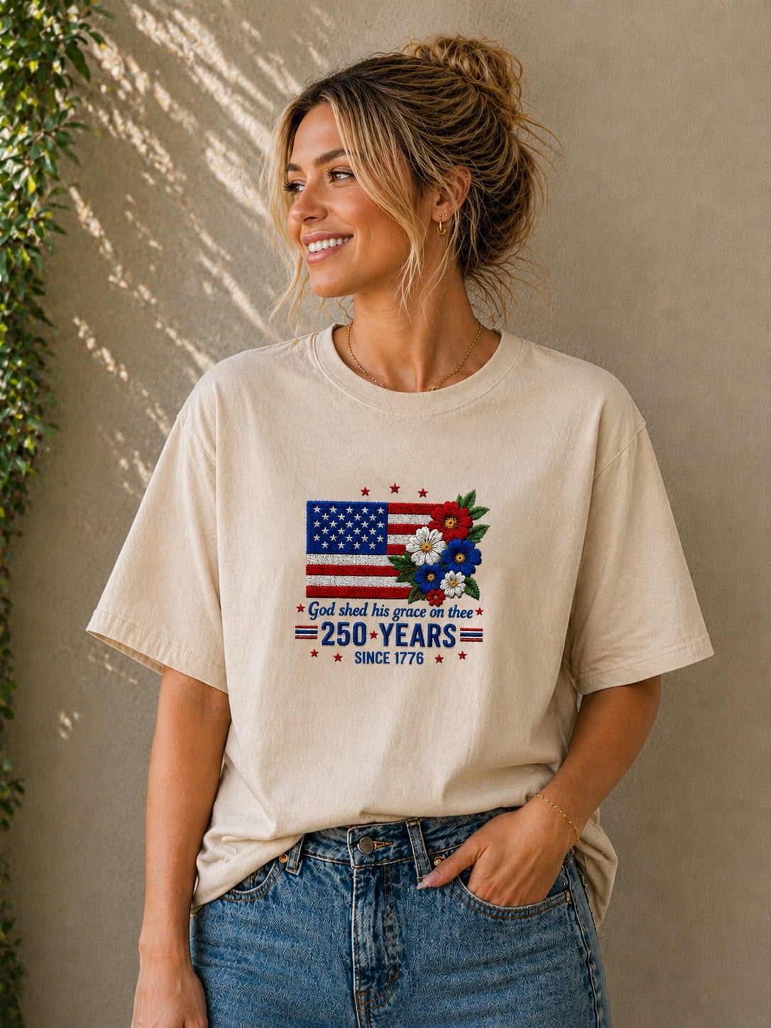 America 250 Years Flag Floral Celebrate Anniversary Patriot Banner T ...