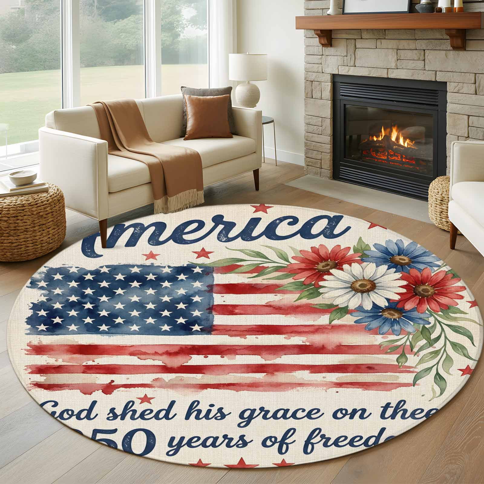 America 250 Years of Freedom Round Rug 6Ft Usa Flag Blue White Red ...