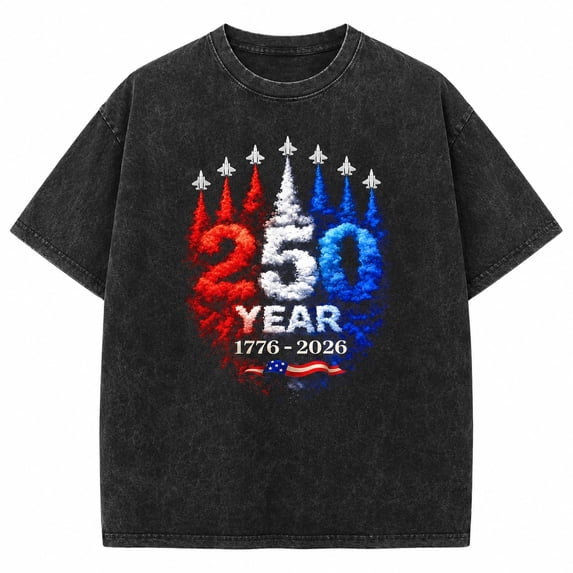 America 250 Years Mineral Wash T-Shirt, Patriotic Airshow Jet Tee, 1776 ...