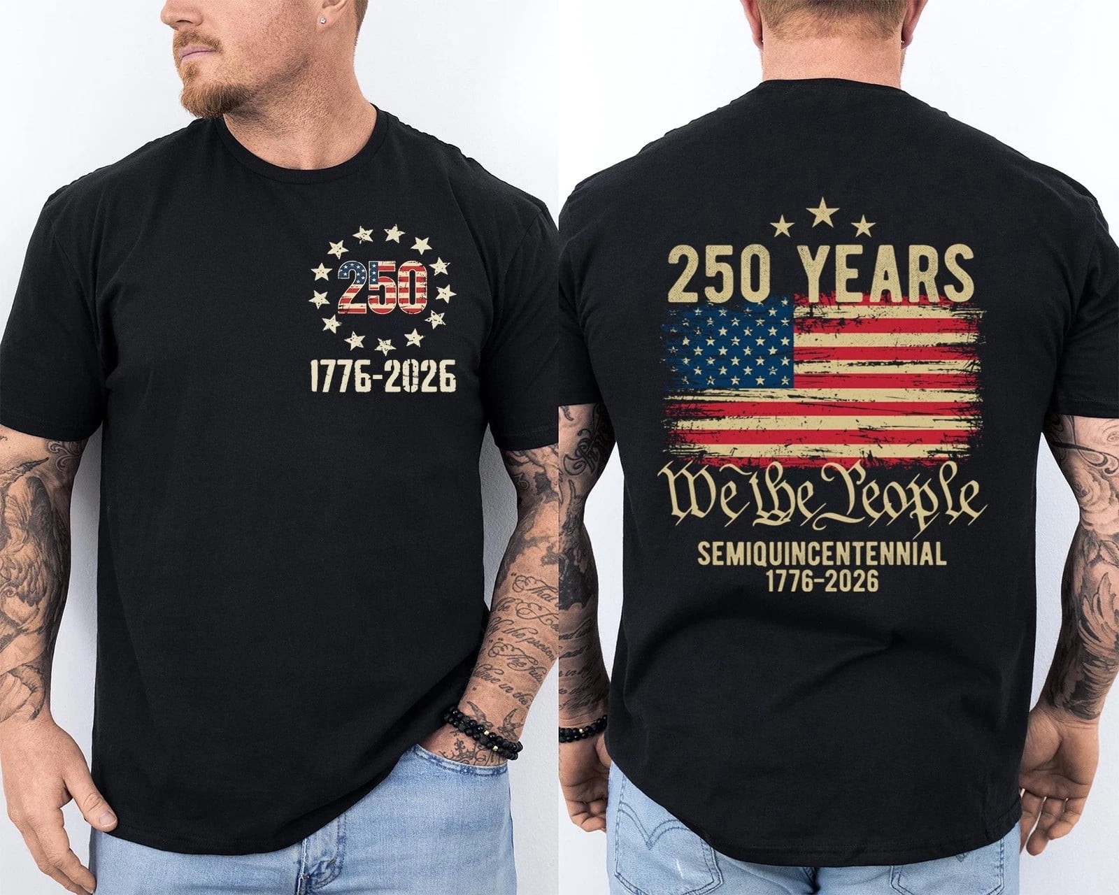 America 250 Years Of Independence Anniversary Front Back Emblem T-Shirt ...
