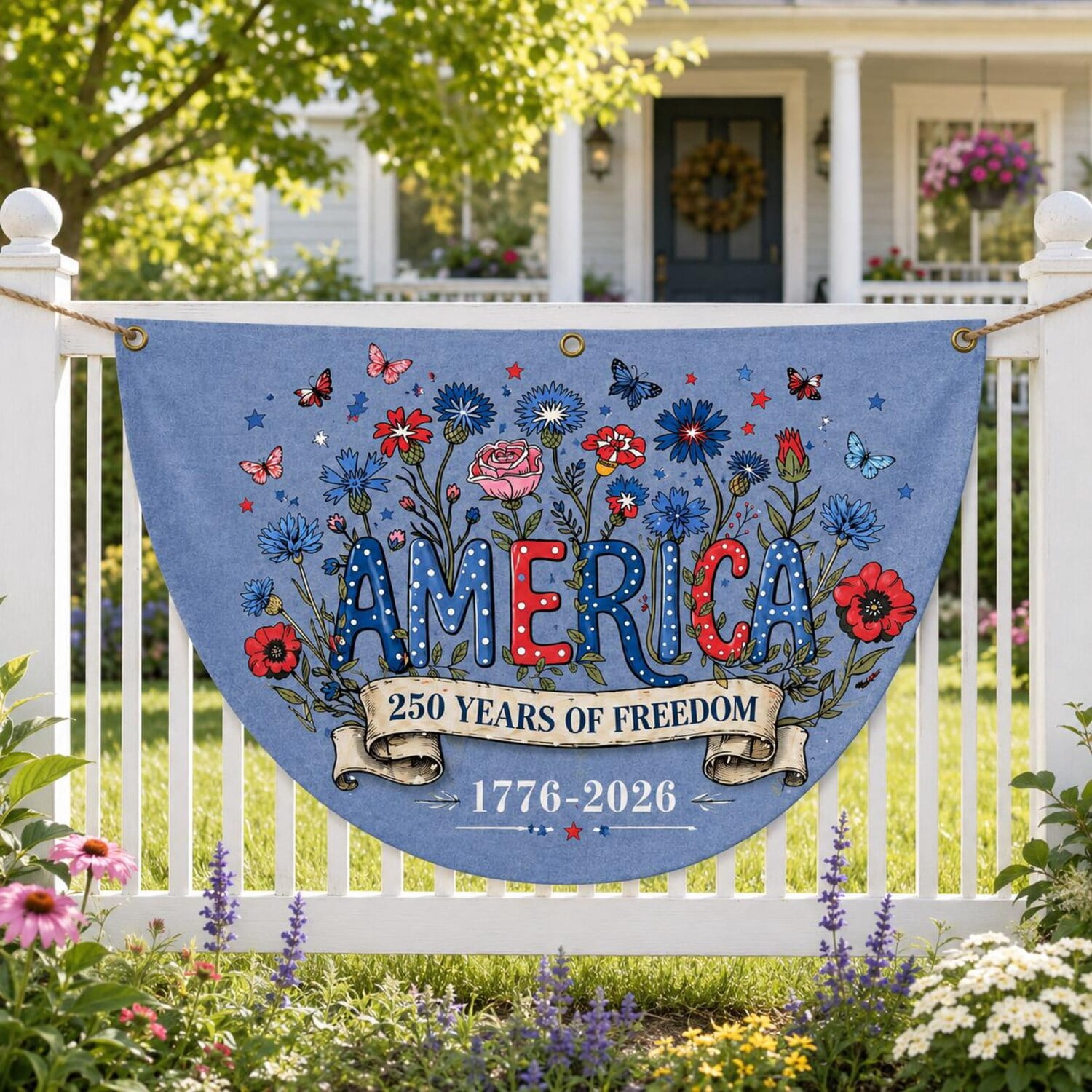 America 250 Years of Freedom Semicircle Fence Flag, Patriotic Floral ...