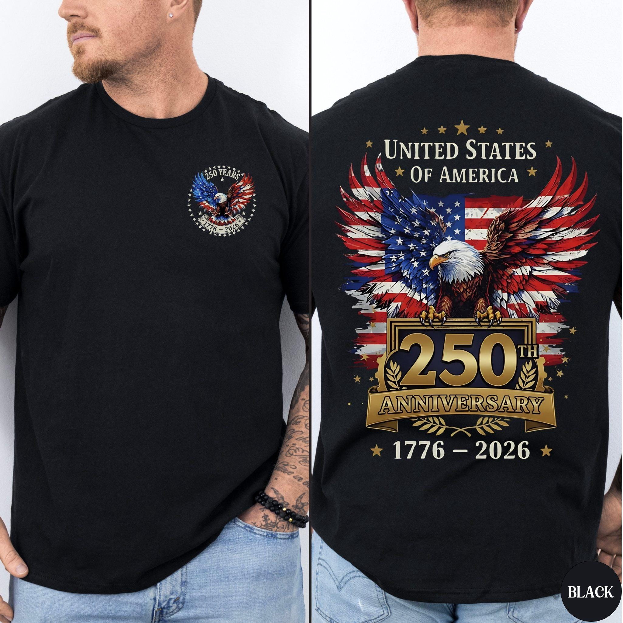 America 250 shirt, USA 250th Year Anniversary front and back graphic t ...