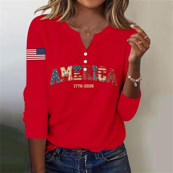 America 250 shirt Women 3/4 Sleeve V Neck Independence Day Print T ...