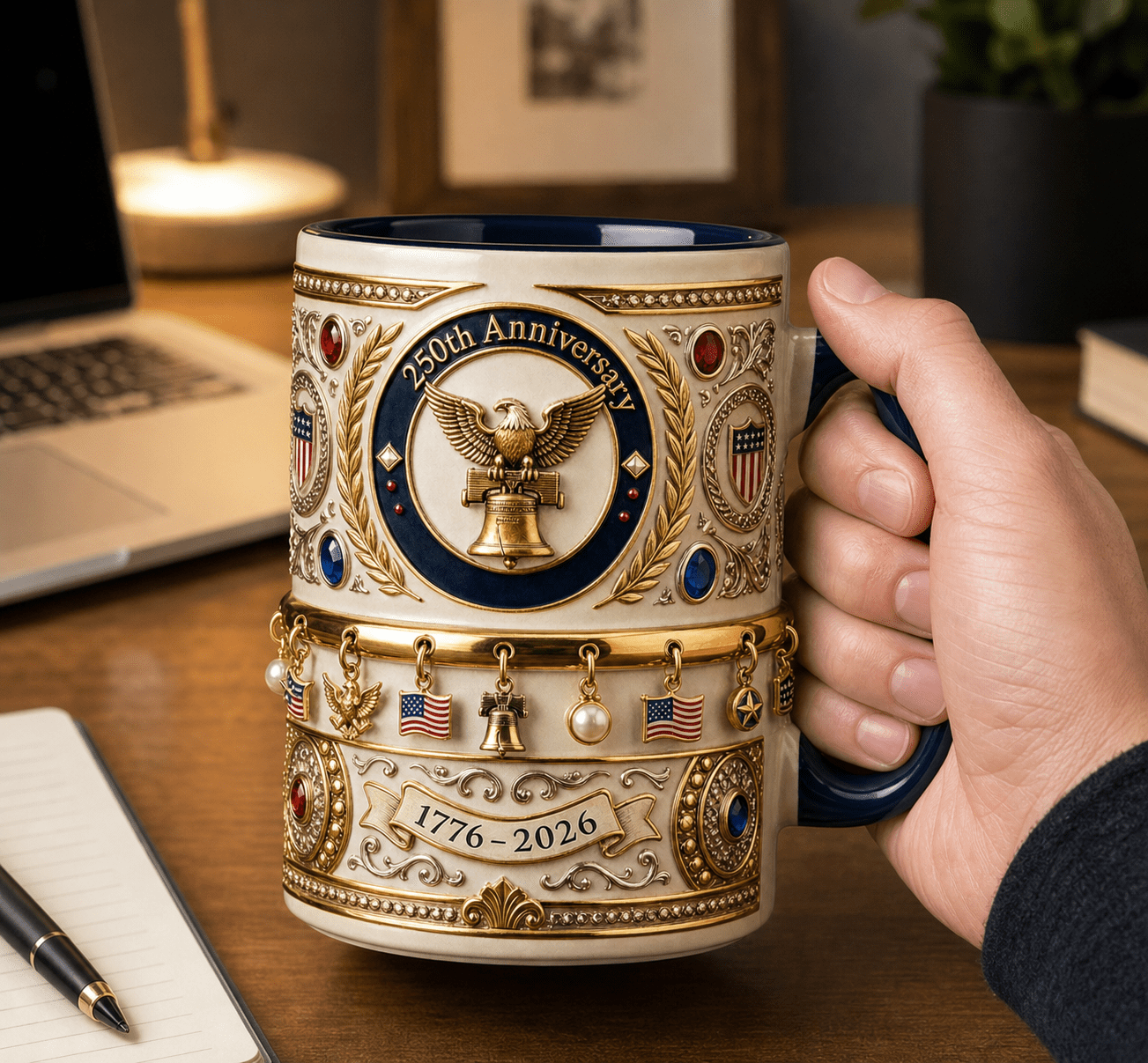 America 250th Anniversary Accent Mug, Gold Laurel Eagle Badge 1776-2026 ...