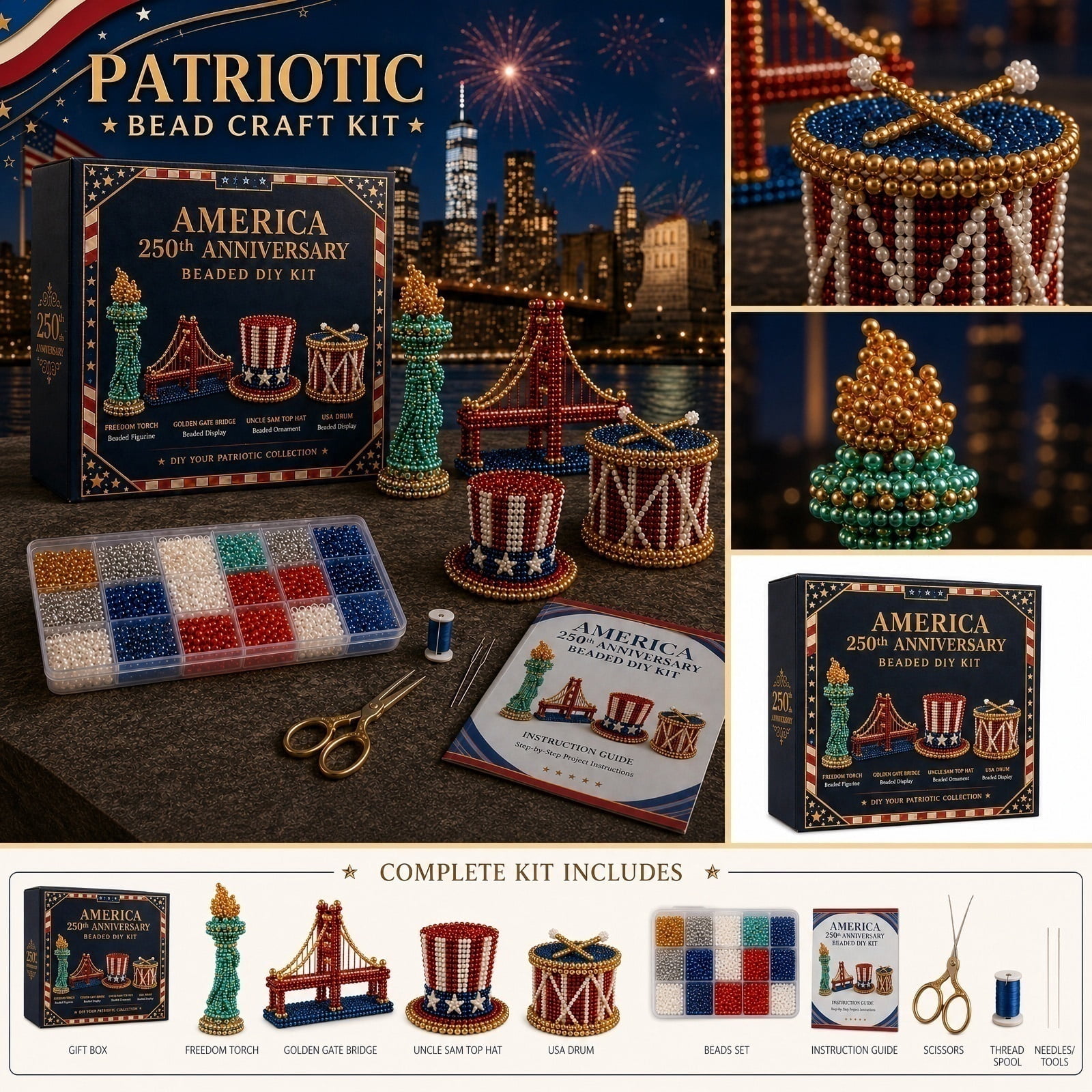 America 250th Anniversary Beaded DIY Kit, Patriotic Craft Set with ...
