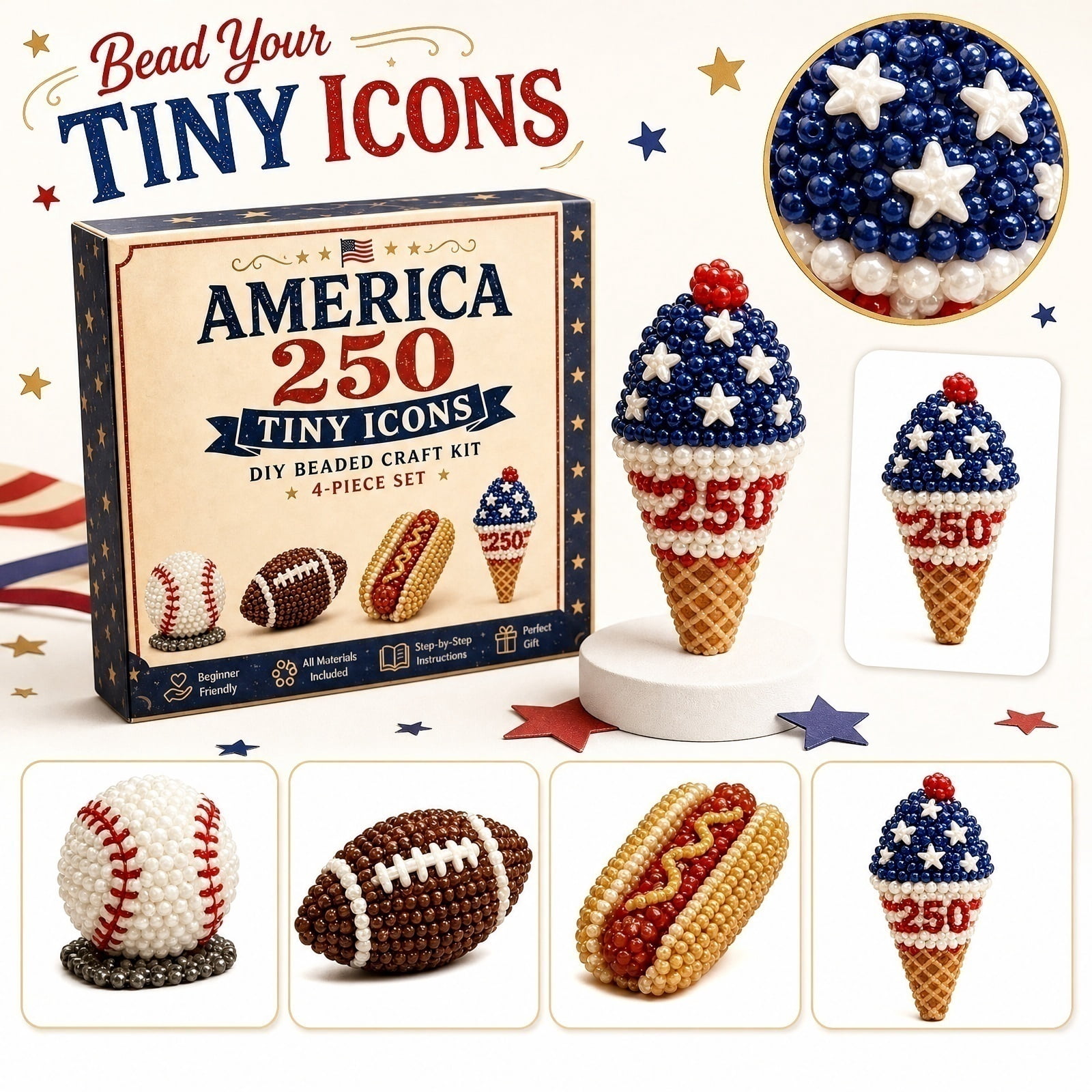 America 250th Anniversary DIY Beaded Craft Kit, 4-Piece Miniature Set ...
