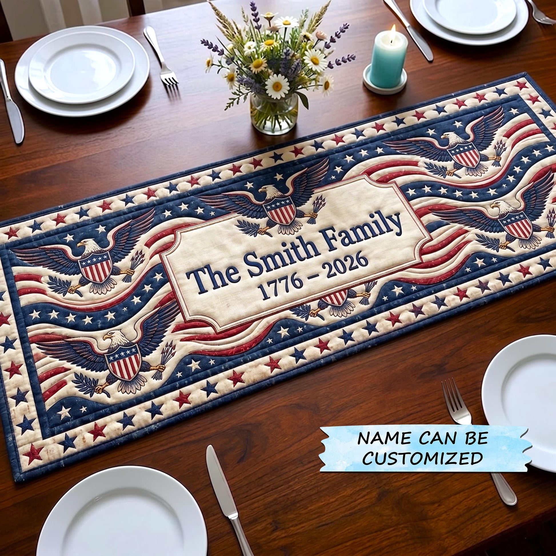 America 250th Anniversary Quilted Table Runner, USA 250th Year Freedom ...