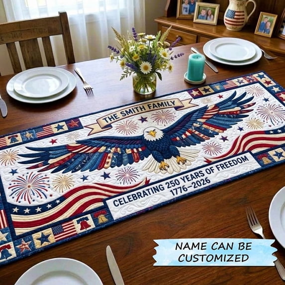 America 250th Anniversary Quilted Table Runner, USA 250th Year Freedom ...
