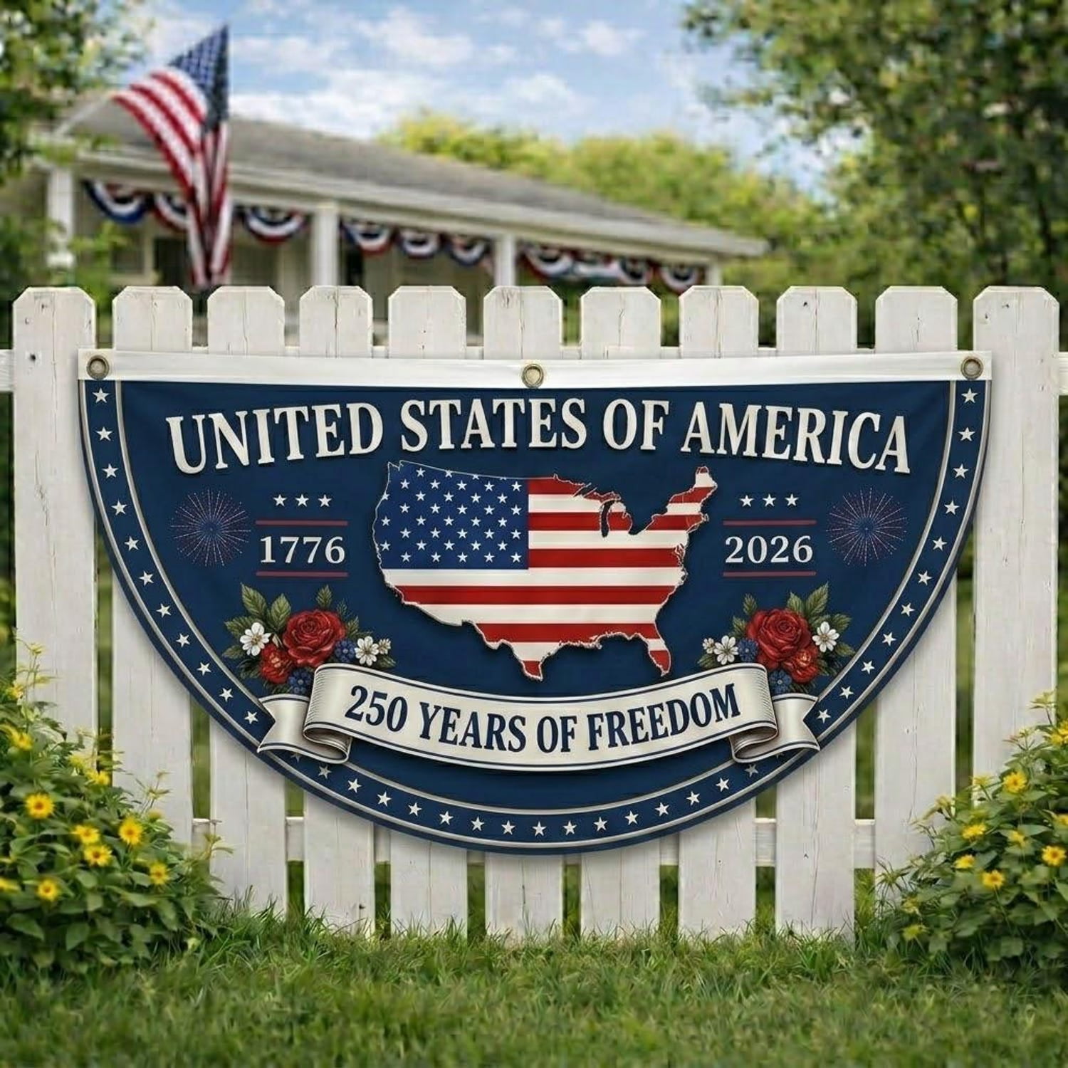America 250th Anniversary Semicircle Banner, Patriotic USA Map Porch ...