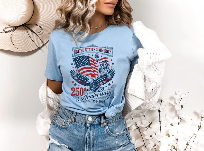 America 250th Anniversary T-Shirt - Bald Eagle & Statue of Liberty ...