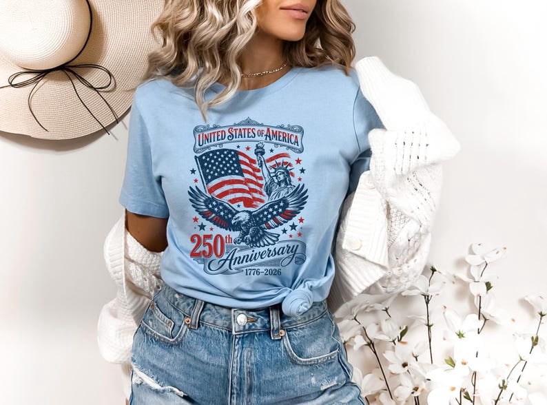 America 250th Anniversary T-Shirt - Bald Eagle & Statue of Liberty ...