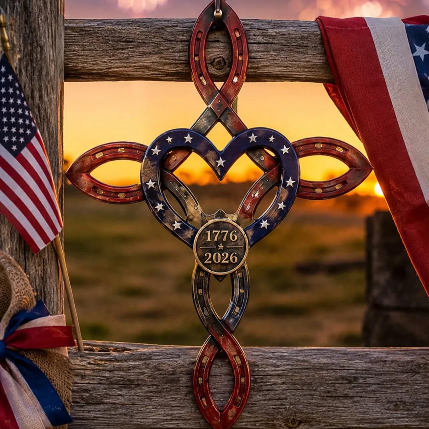 America 250th Rustic Horseshoe Cross Decor, Patriotic Horseshoes Wall ...