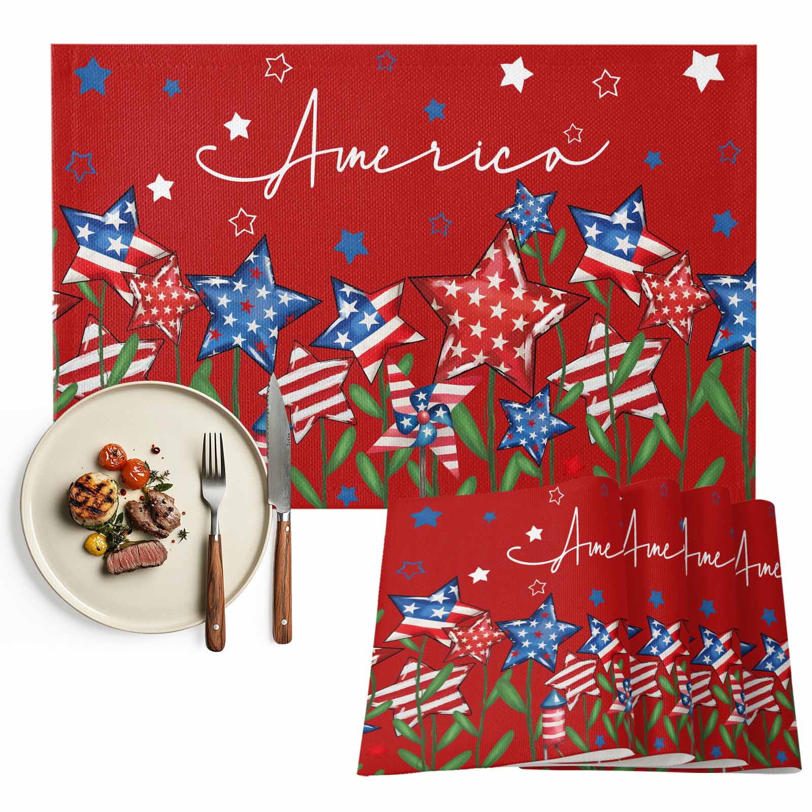 America 4th of July Placemats Set of 8, Blue Red Striped Stars Table ...