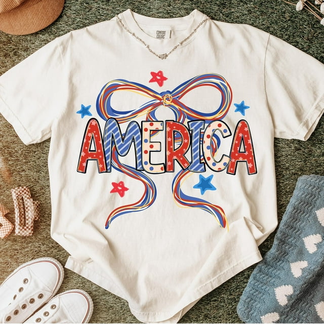 America Bow Tee – Preppy Patriotic 4th of July Red White Blue Coquette ...