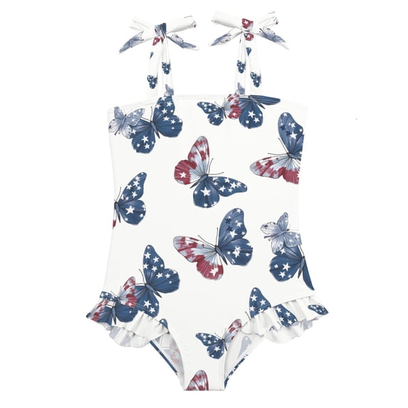 America Butterflies Pattern Girls' One-Piece Swimsuit Bowknot Tie ...