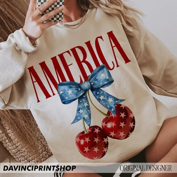 America Cherries T-Shirt, Cherry Bow, Trendy July 4th, 4th of july ...