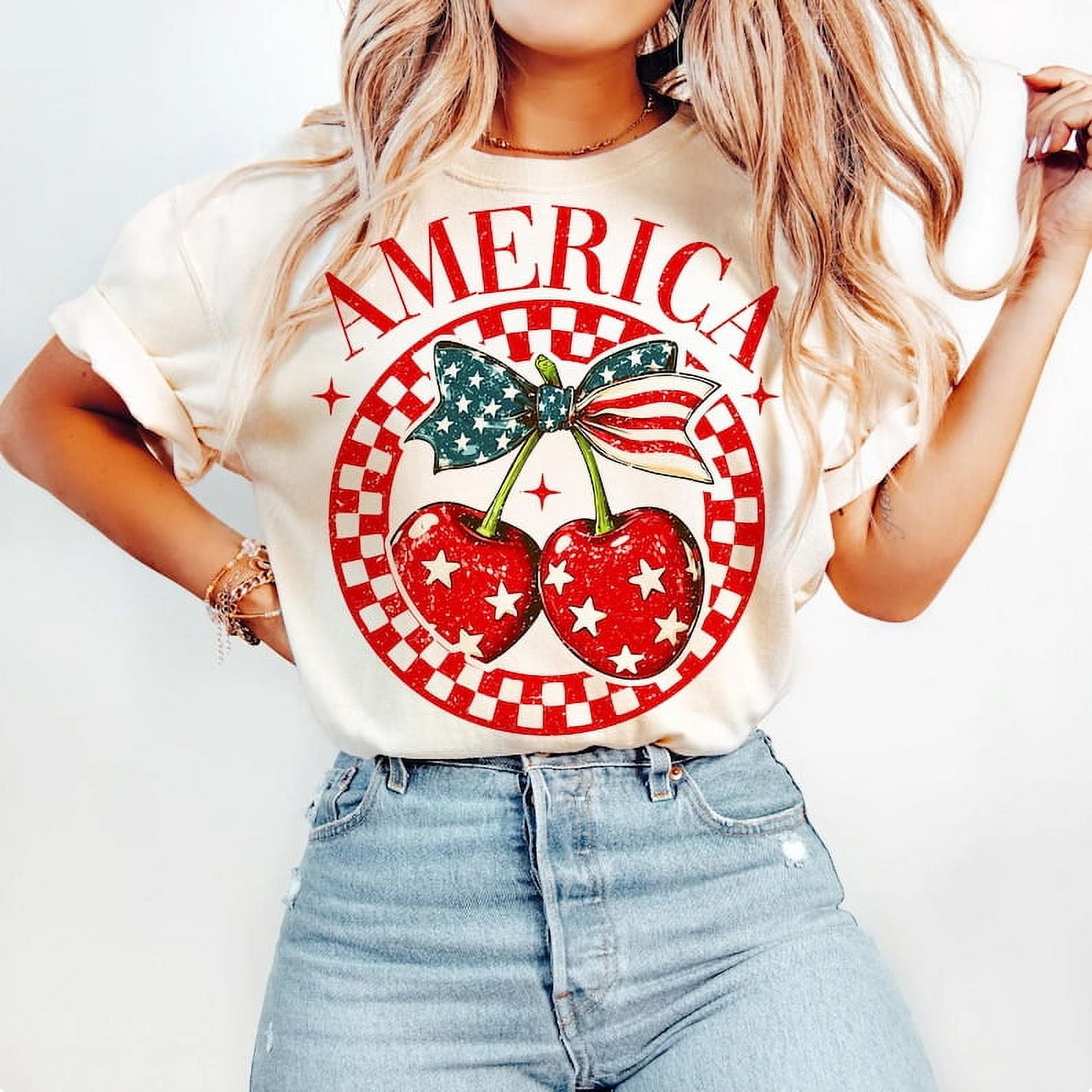 America Cherries T-shirt, Cherry Bow Shirt, Trendy July 4th Shirt, 4th ...