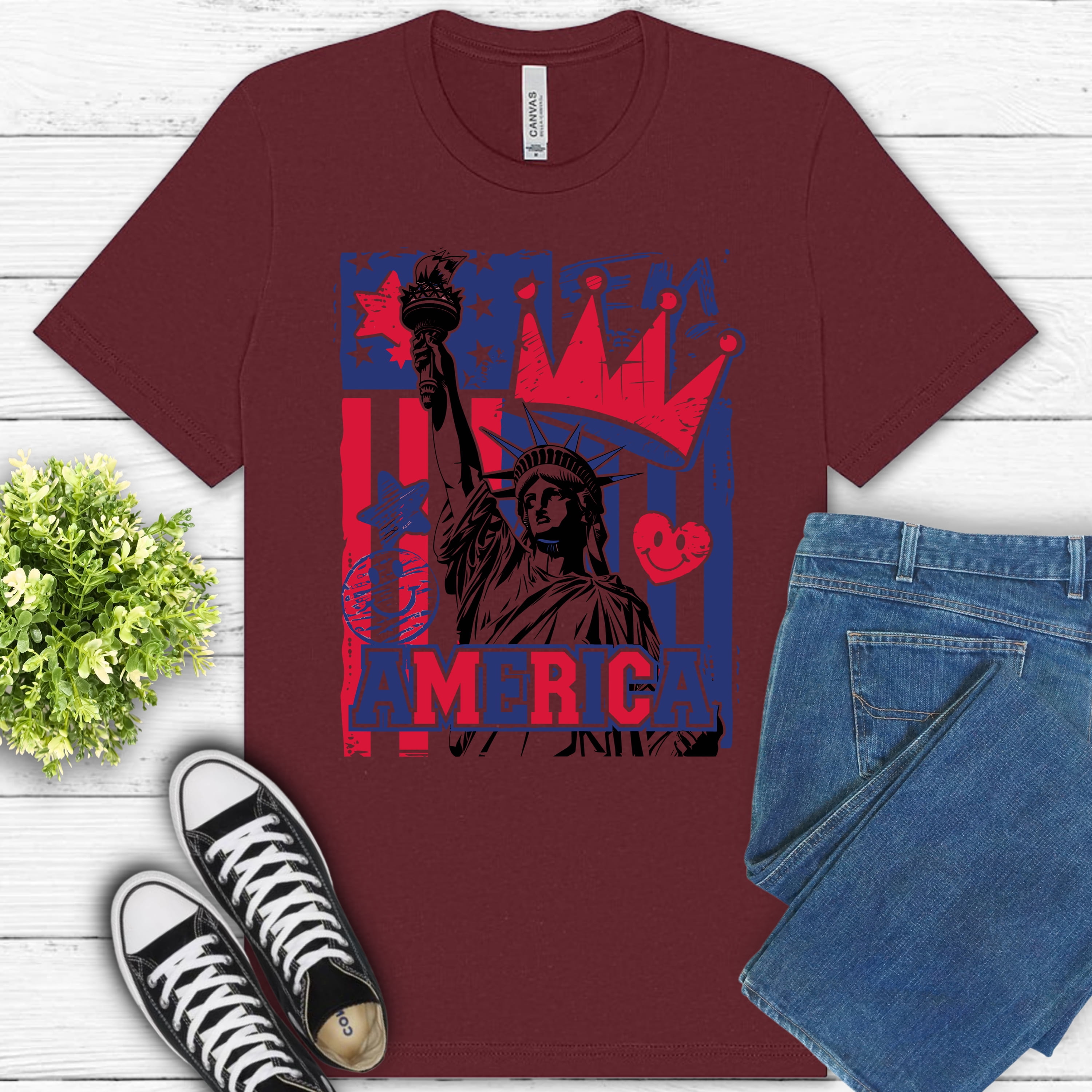America Crown Liberty T-Shirt | Statue of Liberty Graffiti Red White Blue Tee , Maroon, L ...