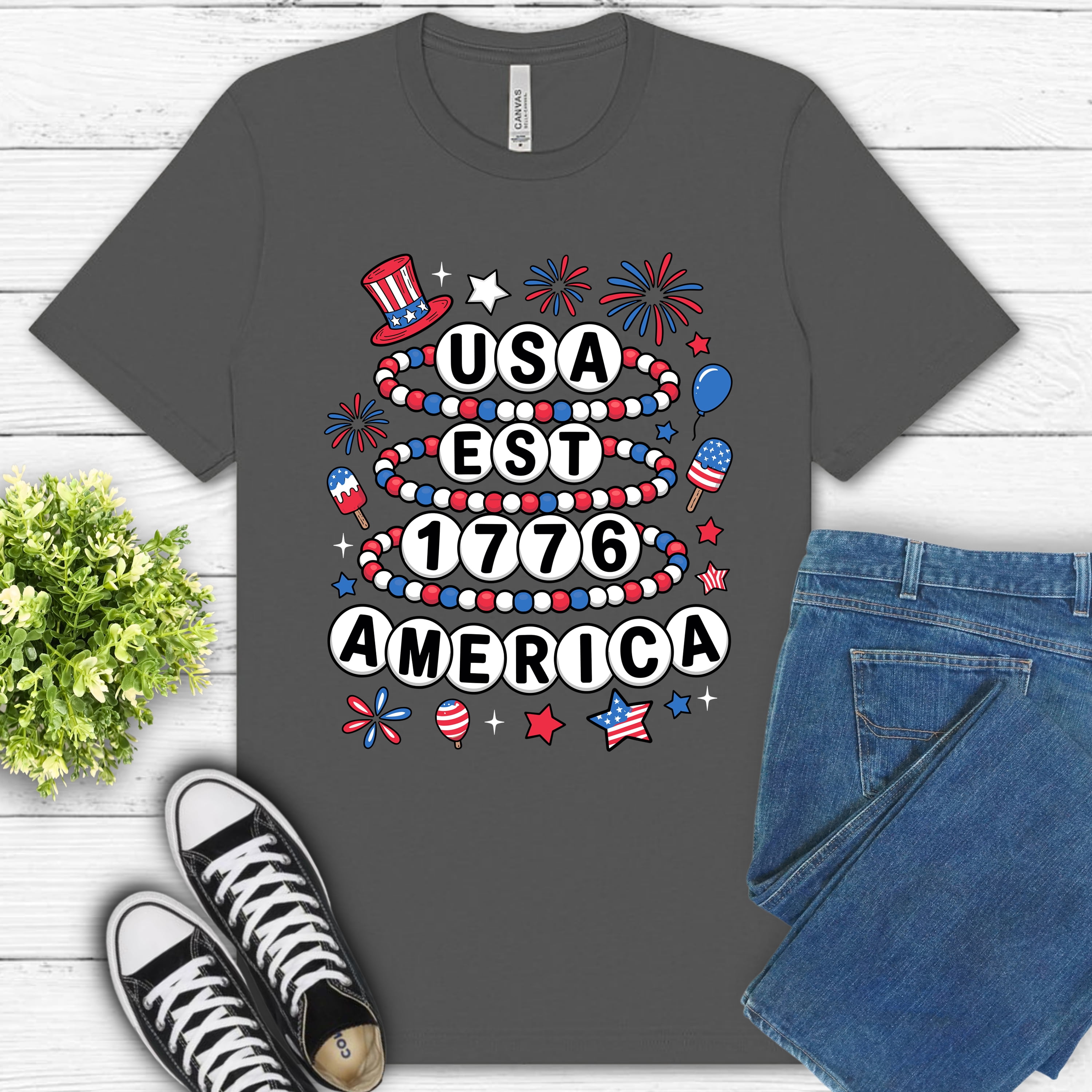 America EST 1776 Shirt with Fireworks and Beads, Red White Blue Tee, Asphalt, M - Walmart.com