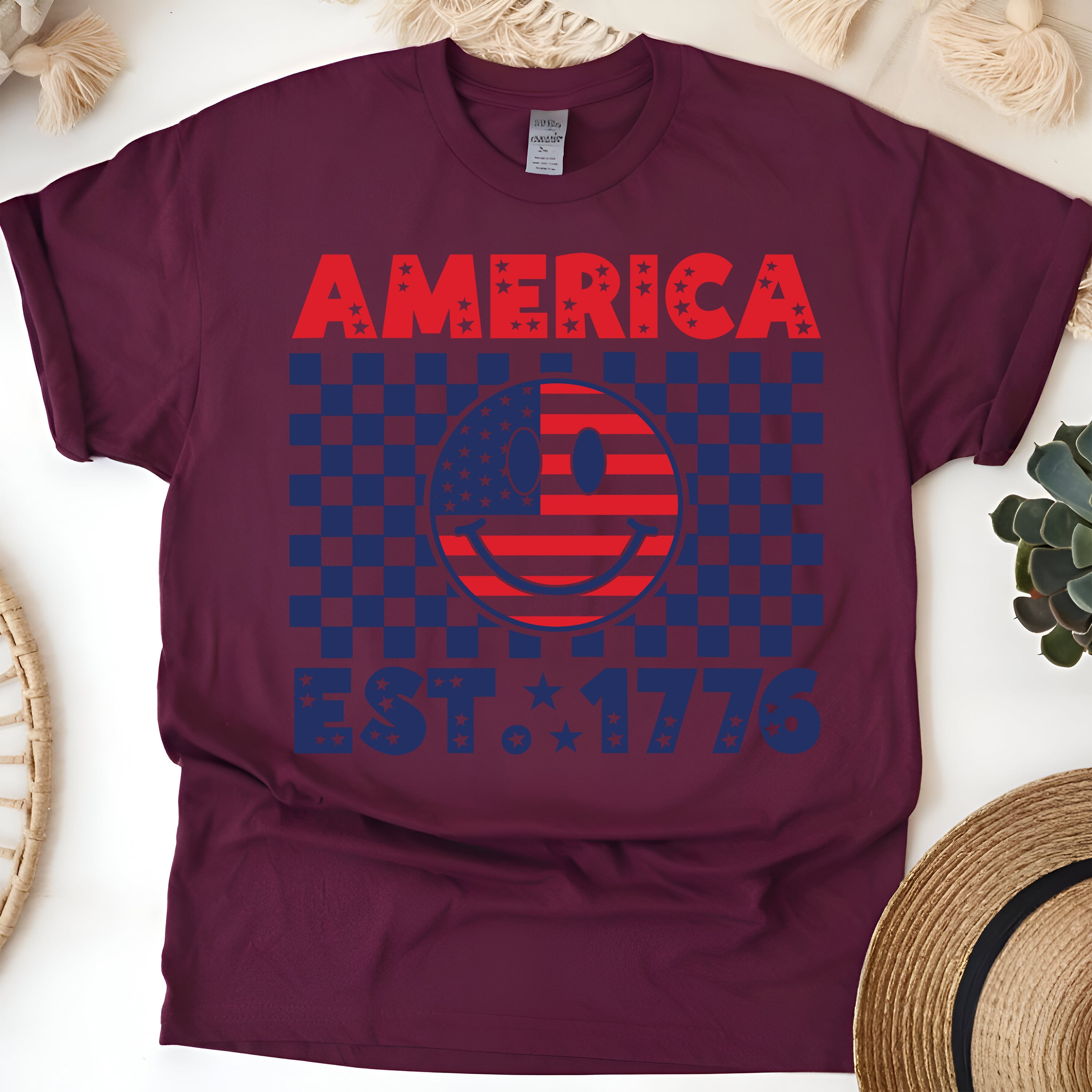 America EST 1776 Smiley Face Shirt – USA Flag Checkerboard Patriotic ...