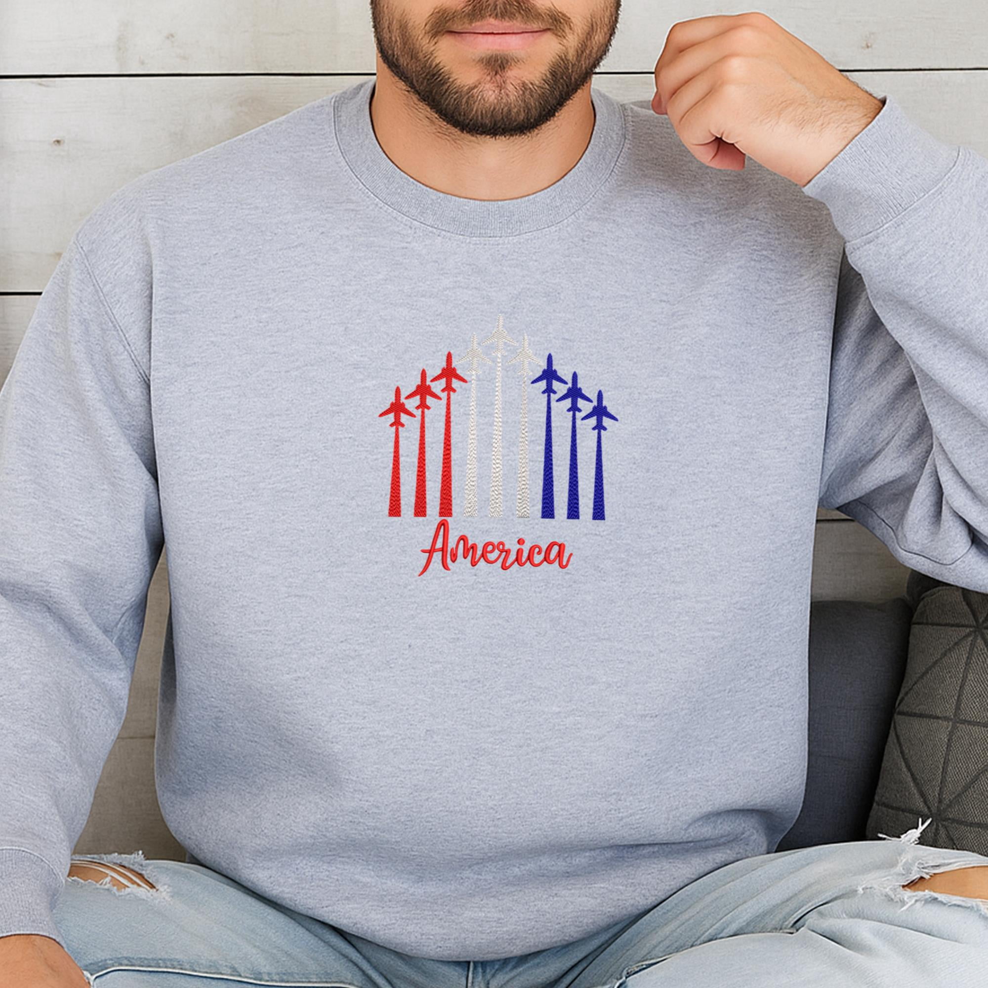 America Fighter Jet Flag Embroidered Crewneck Sweatshirt Military Theme ...