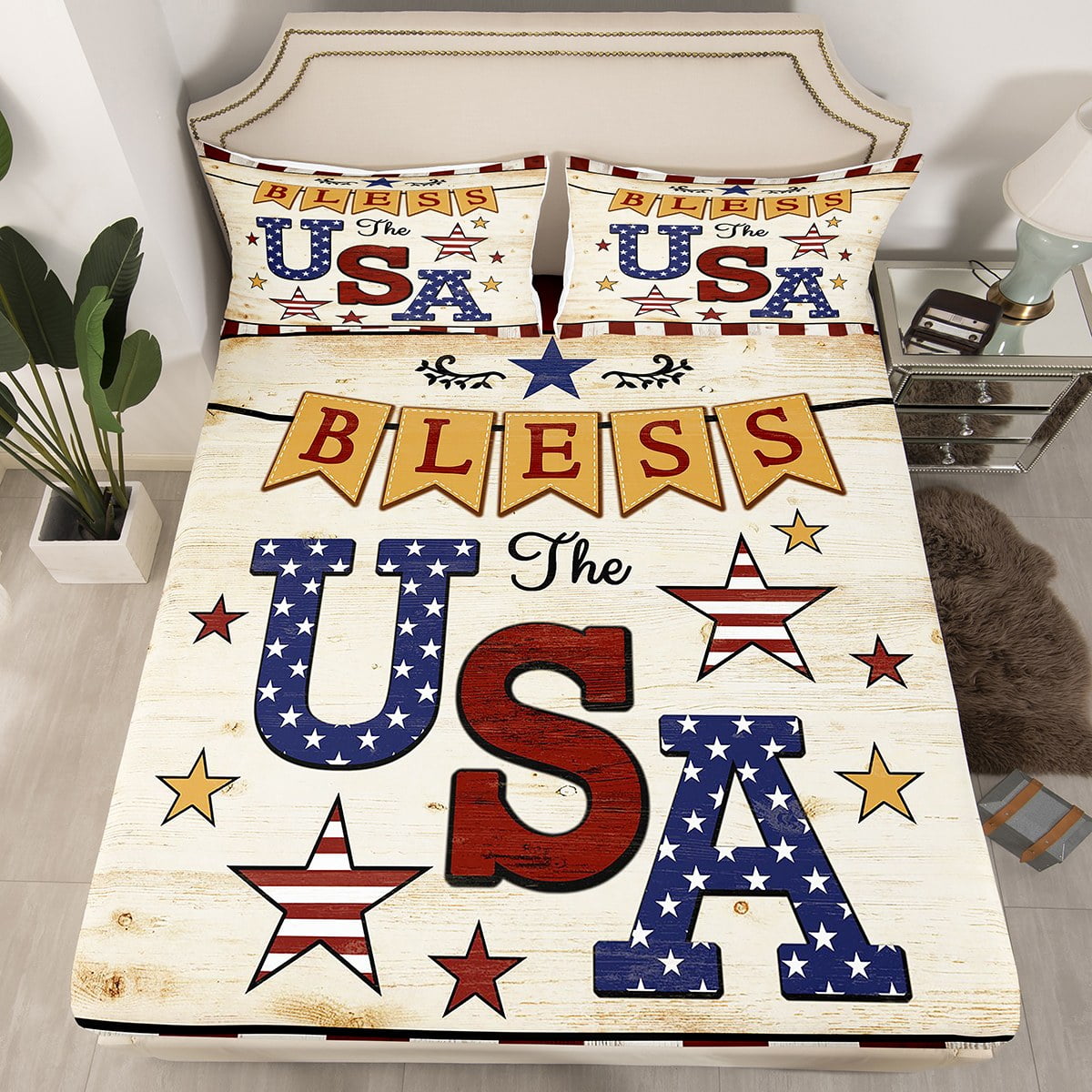 America Fitted Sheet American Flag Bed Set, God Bless The USA Patriotic ...