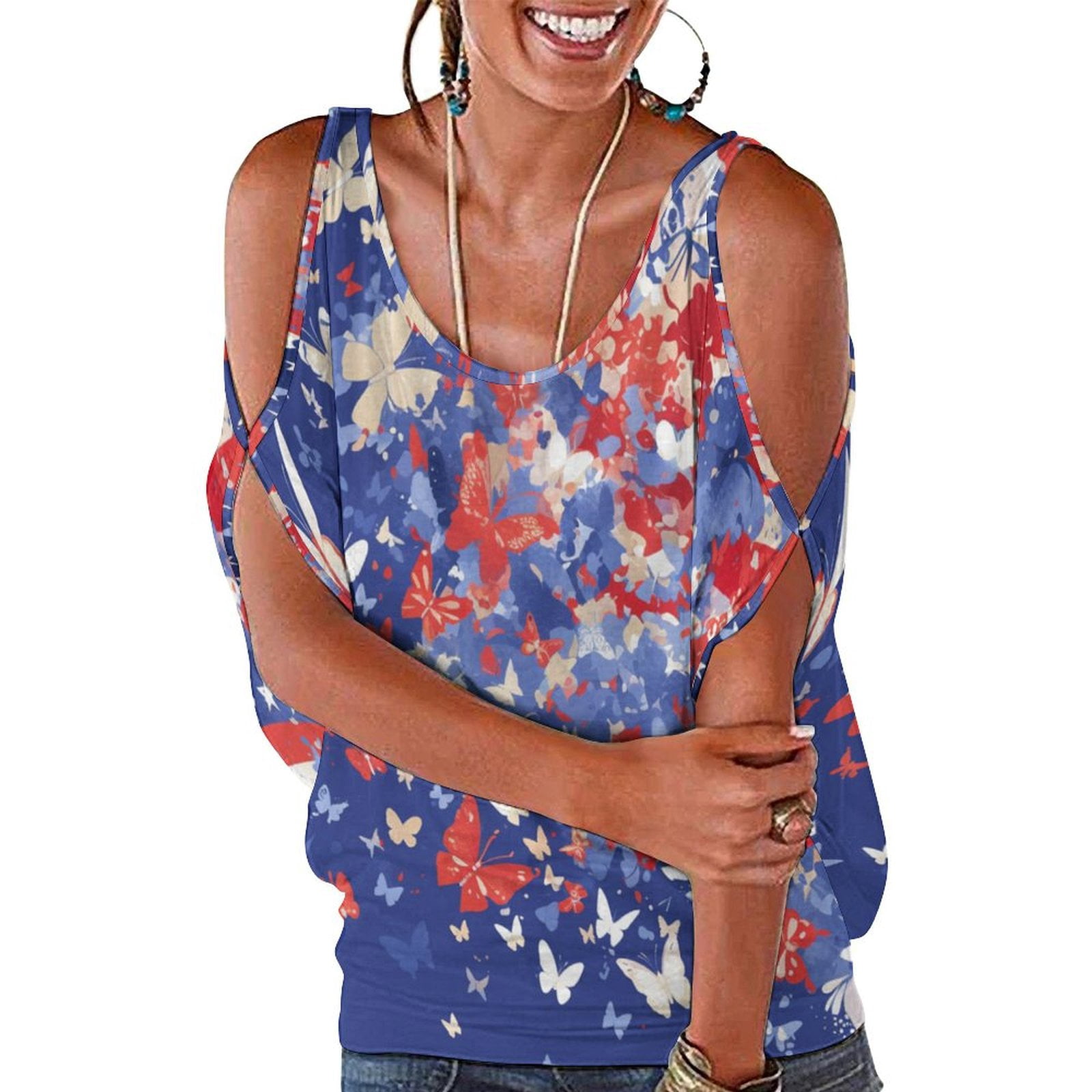America Flag Butterfly Casual Womens Summer Off The Shoulder Tops T ...