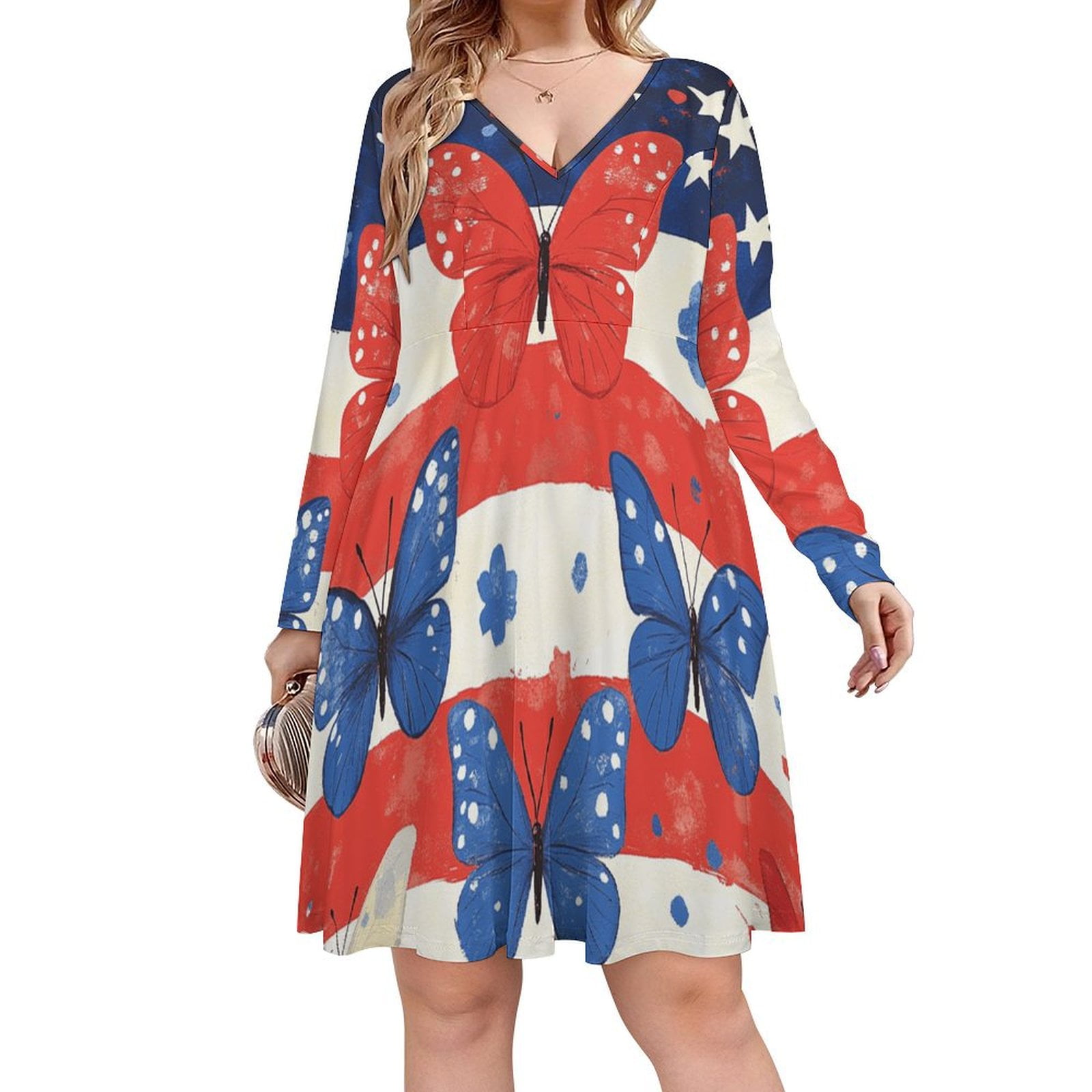 America Flag Butterfly Long Sleeve Dresses For Women Vintage Elegant ...