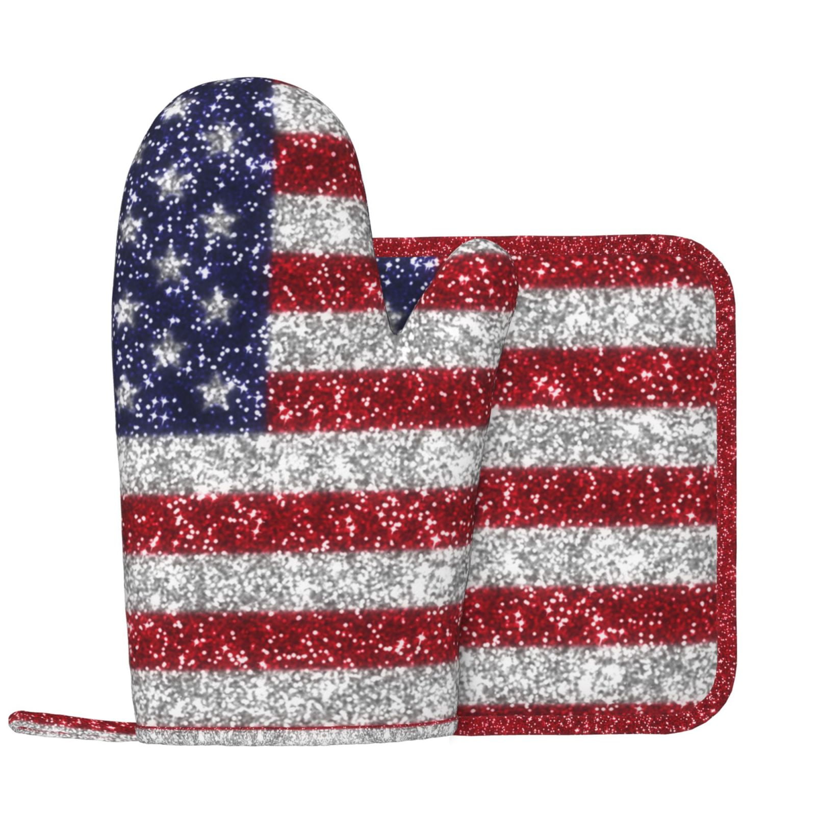America Flag Glitter Oven Mitts and Pot Holders Sets, Heat Resistant ...
