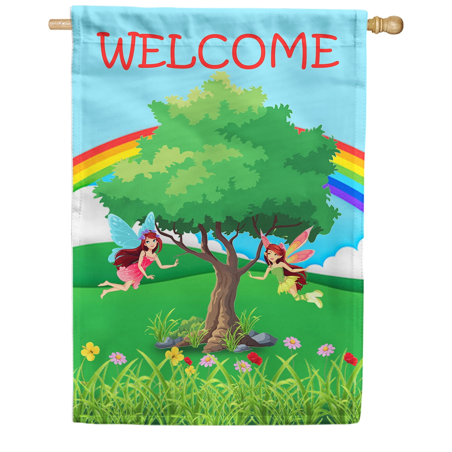 America Forever Fairy House Flag - Welcome Fairies Rainbow Floral ...