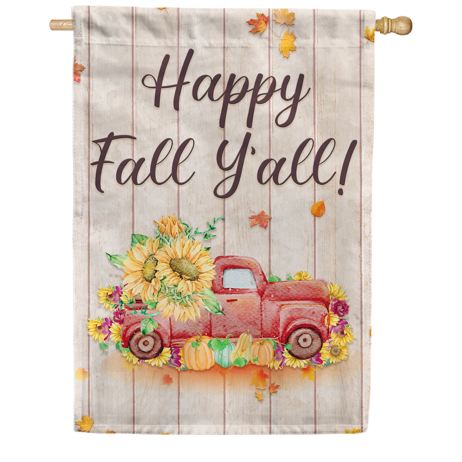 America Forever Happy Fall Y'all House Flag Fall Red Truck Sunflowers ...