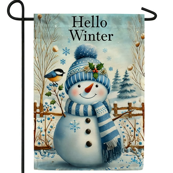 America Forever Hello Winter Snowman Chickadee Double Sided Garden Flag ...