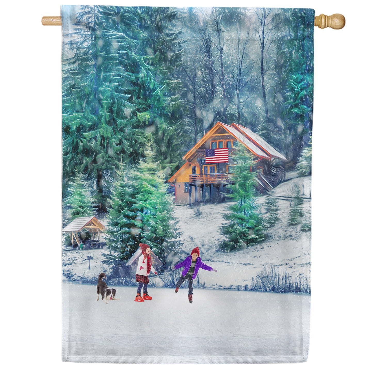 America Forever Winter Cabin House Flag Double Sided Vertical 28 x 40 ...