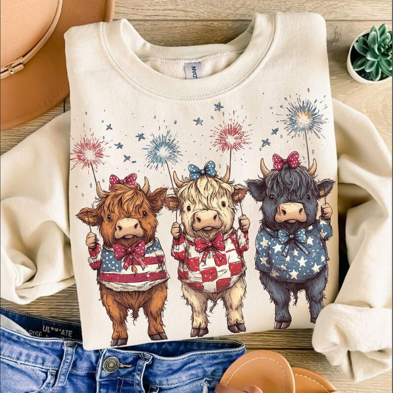 America Highland Cow Sweatshirt, Western USA Crewneck, 4th of July ...