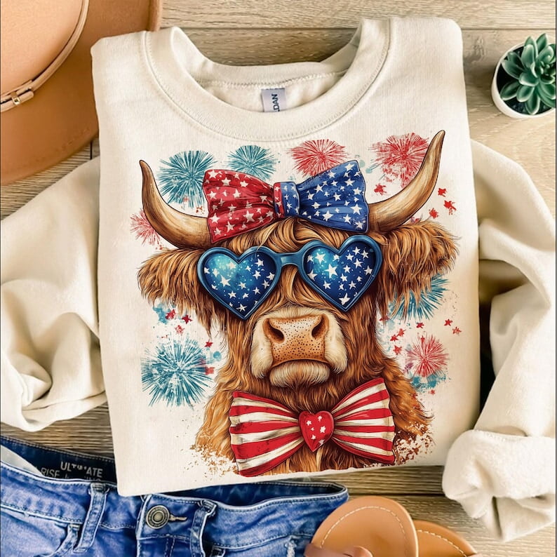 America Highland Cow Sweatshirt, Western USA Crewneck, 4th of July ...