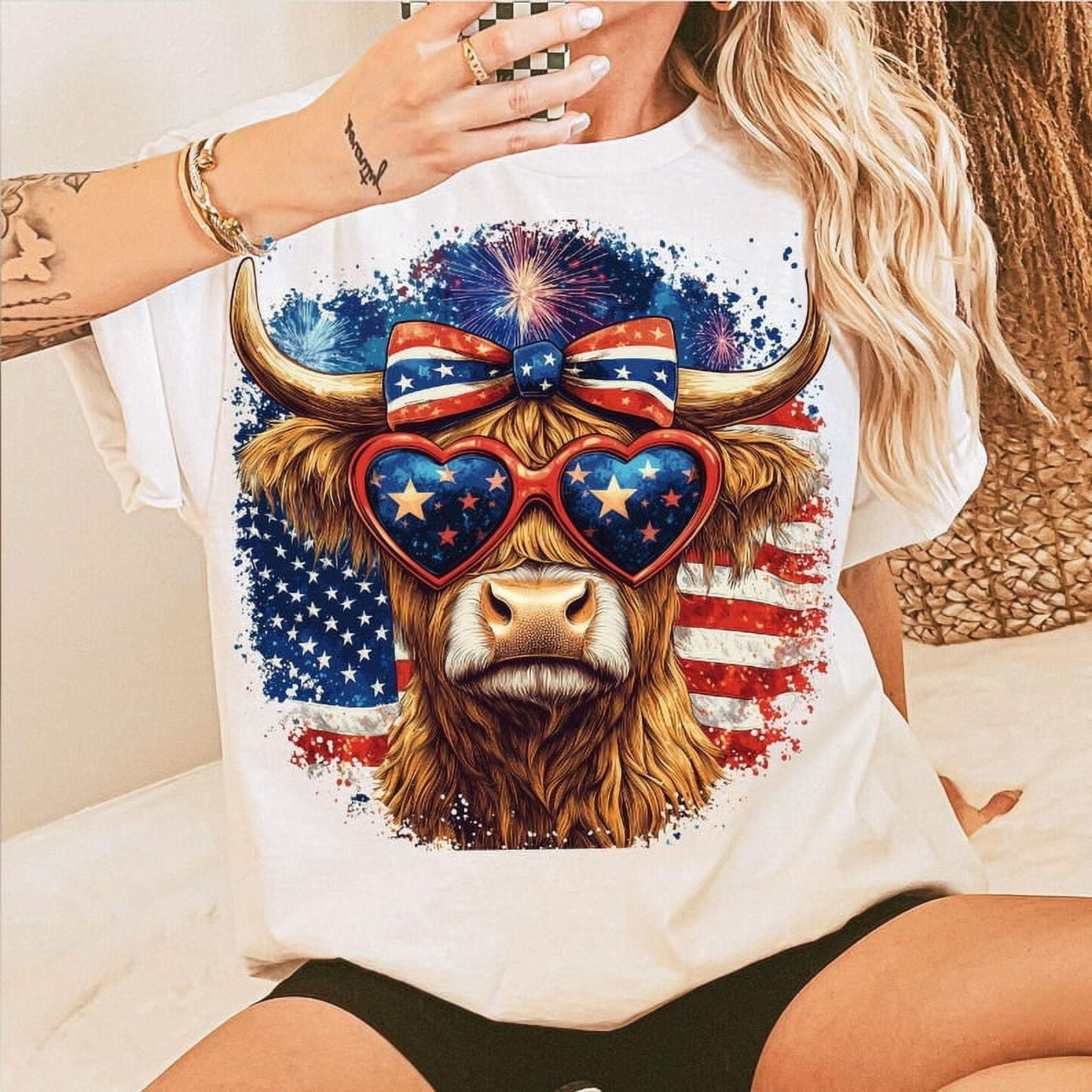 America Highland Cow T-Shirt, USA Patriotic Cow Tee, 4th of July ...