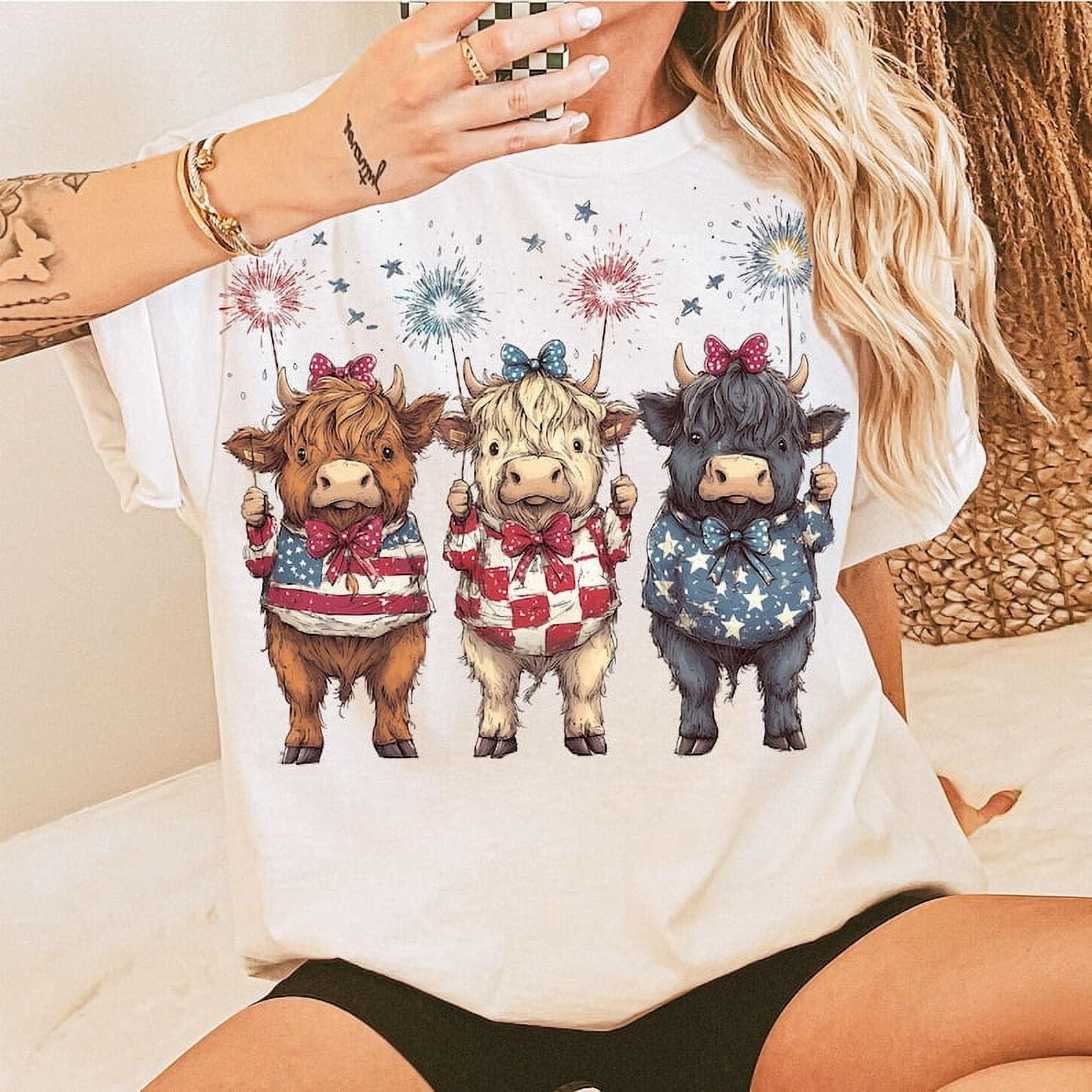 America Highland Cow T-Shirt, Western Patriotic Cow Tee, 4th of July ...